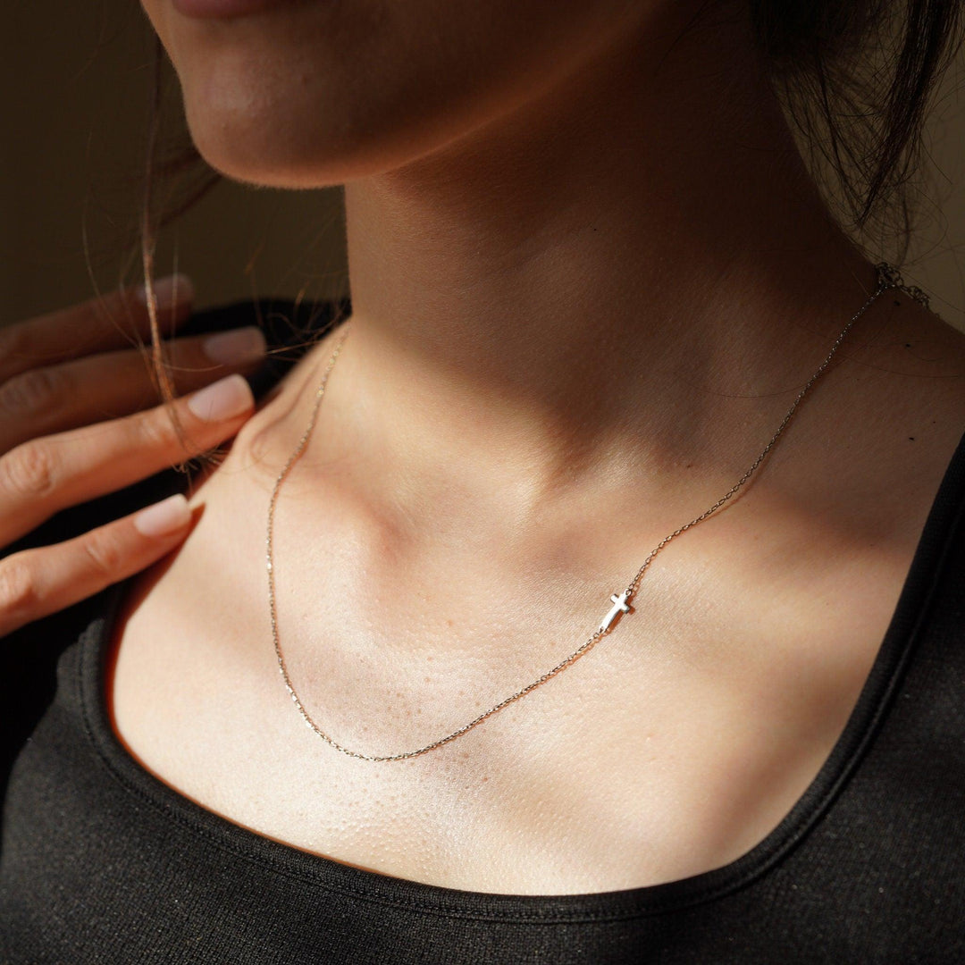 Sideways Cross Necklace | 14k Yellow Gold