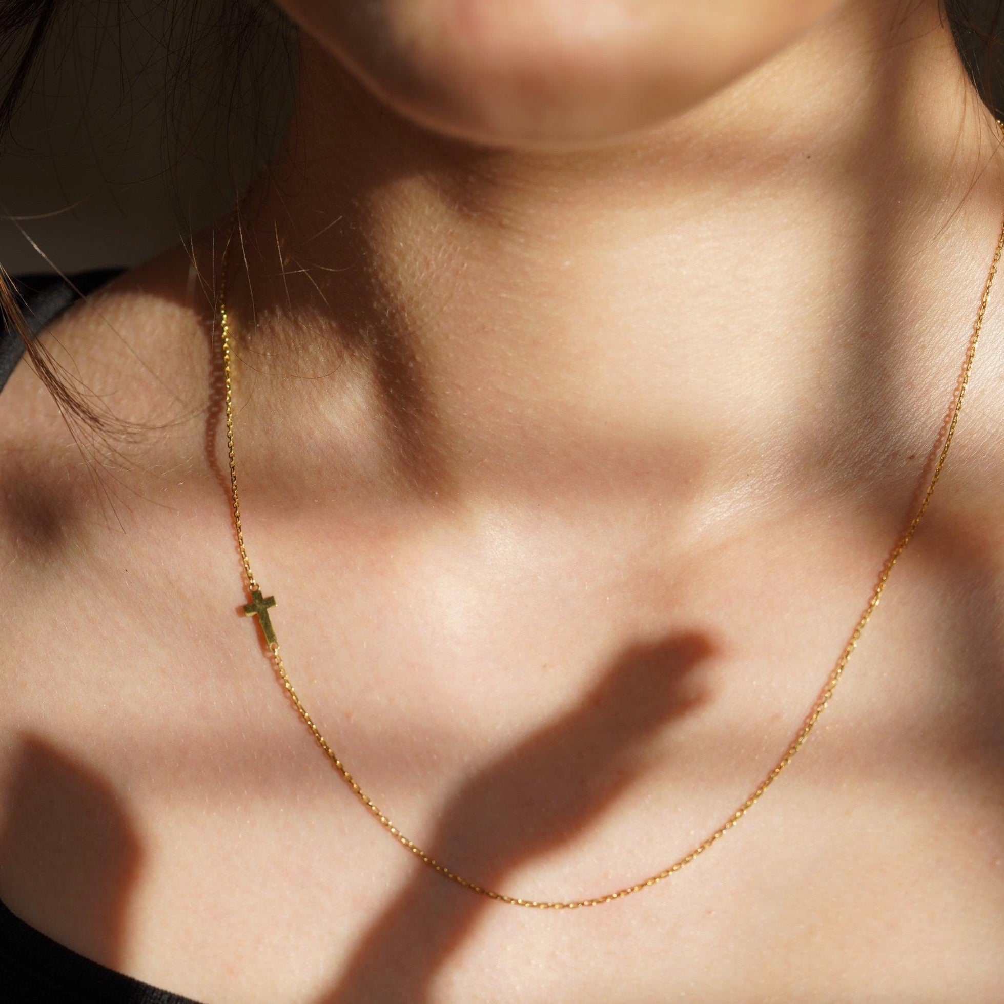 Sideways Cross Necklace | 14k Yellow Gold